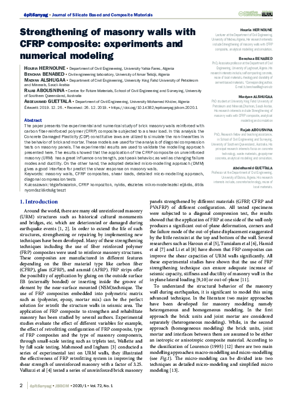 (PDF) Strengthening of masonry walls with CFRP composite: experiments and numerical modeling