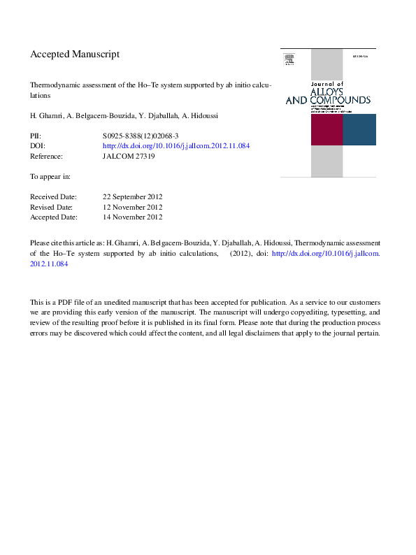 Pdf Thermodynamic Assessment Of The Ho Te System Supported By Ab