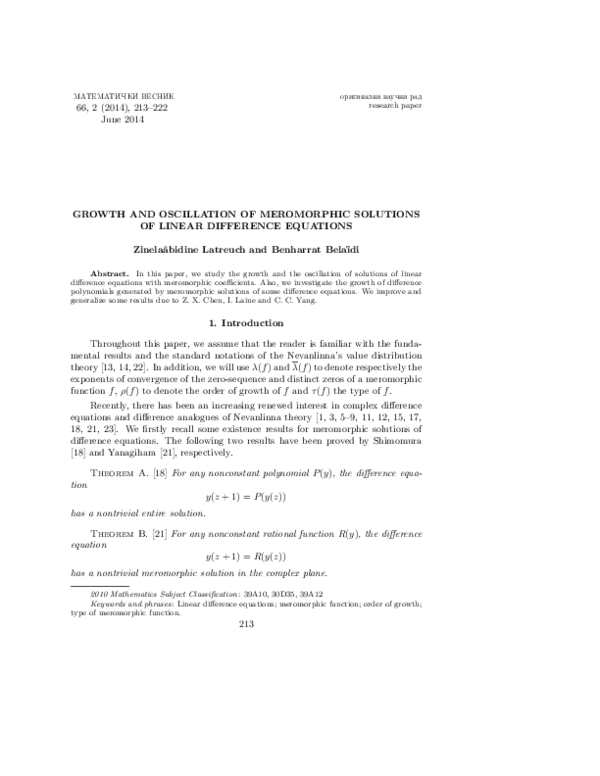 (PDF) Matematiqki Vesnik Growth and Oscillation of Meromorphic Solutions of Linear Difference ...