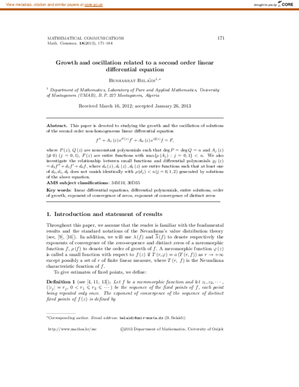 Pdf Growth And Oscillation Related To A Second Order Linear Differential Equation