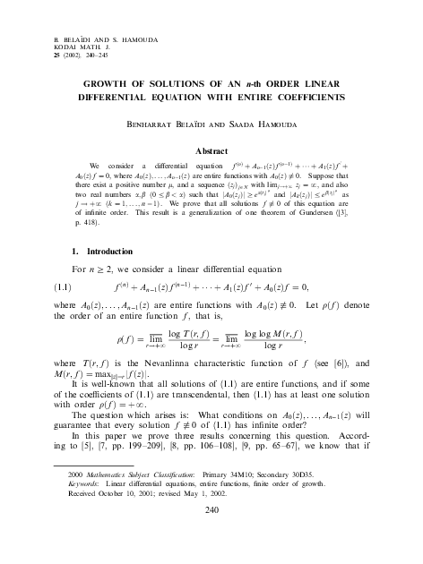 Pdf Growth Of Solutions Of An N Th Order Linear Differential Equation With Entire Coefficients