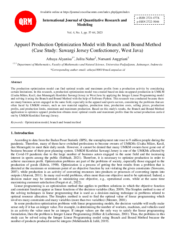 (PDF) Apparel Production Optimization Model with Branch and Bound Method (Case Study: Sawargi ...