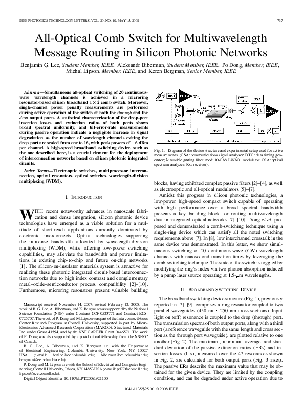 (PDF) All-Optical Comb Switch for Multiwavelength Message Routing in Silicon Photonic Networks