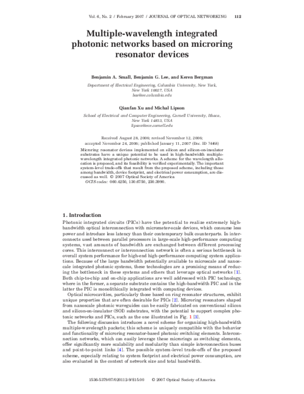 (PDF) Multiple-wavelength integrated photonic networks based on microring resonator devices