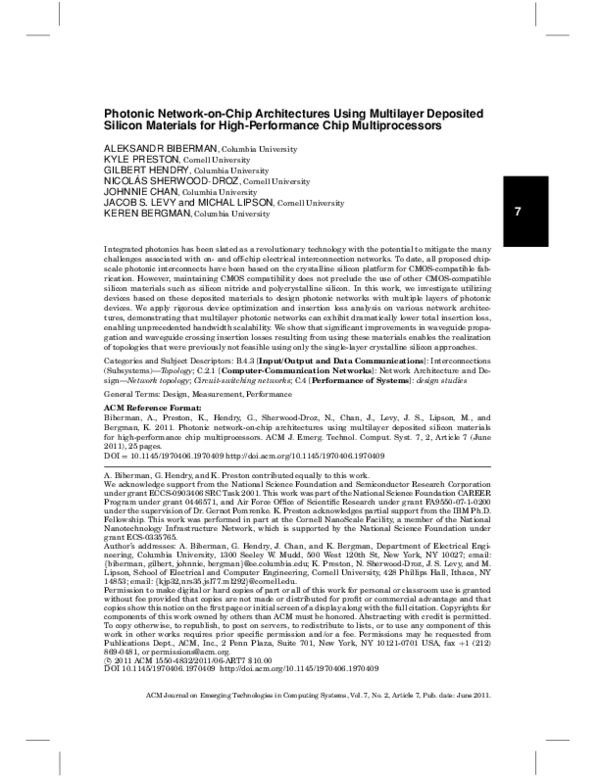 (PDF) Photonic network-on-chip architectures using multilayer deposited silicon materials for ...