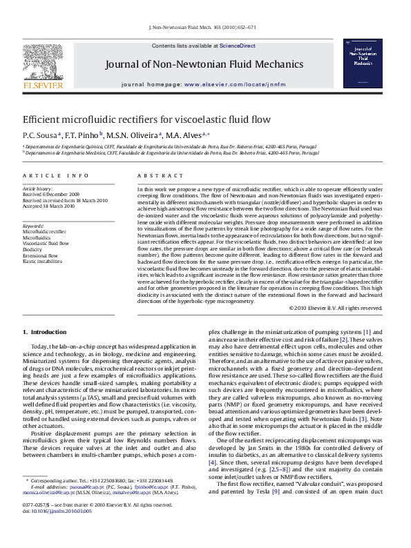 (PDF) Efficient microfluidic rectifiers for viscoelastic fluid flow | Manuel Alves & Ana Laura ...