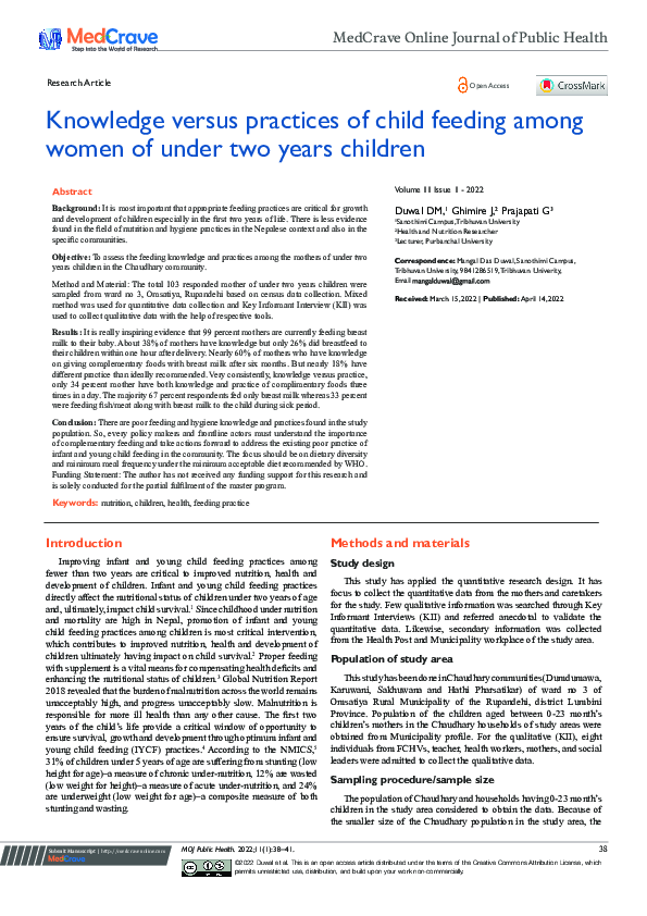 (PDF) Knowledge versus practices of child feeding among women of under ...
