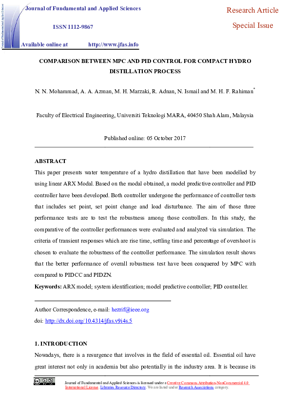 (PDF) Comparison between MPC and PID control for compact hydro distillation process | Nurul ...