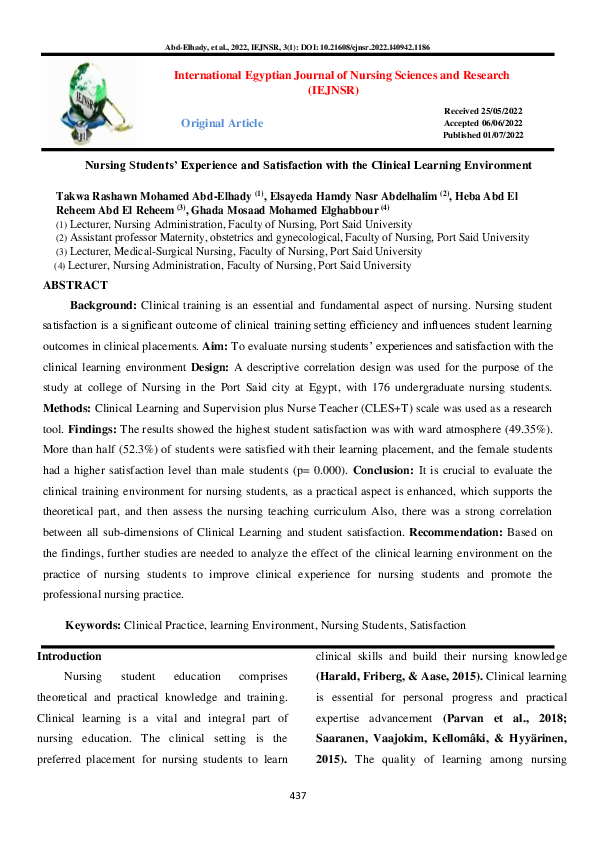 (PDF) Nursing Students’ Experience and Satisfaction with the Clinical ...