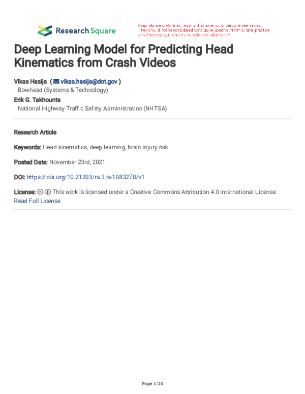 (PDF) Deep Learning Model for Predicting Head Kinematics from Crash Videos