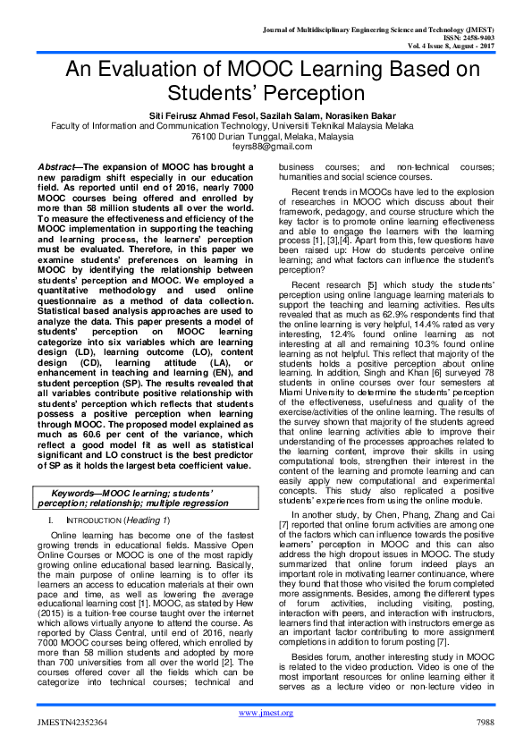 (PDF) An Evaluation of MOOC Learning Based on Students’ Perception