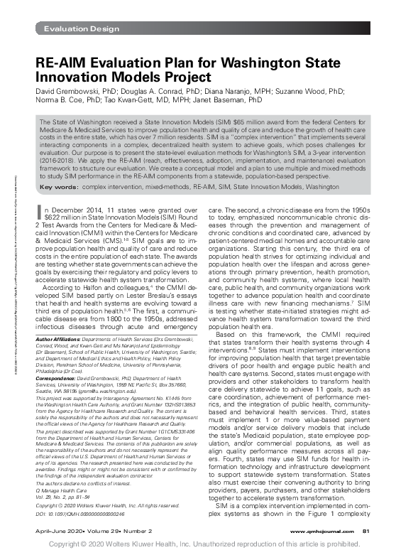 (PDF) RE-AIM Evaluation Plan for Washington State Innovation Models Project