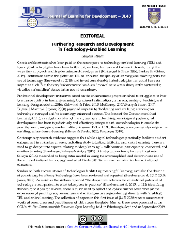 (PDF) Furthering Research and Development in Technology-Enabled Learning