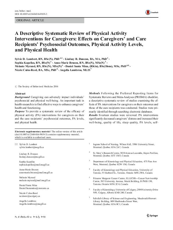 (PDF) A Descriptive Systematic Review of Physical Activity Interventions for Caregivers: Effects ...