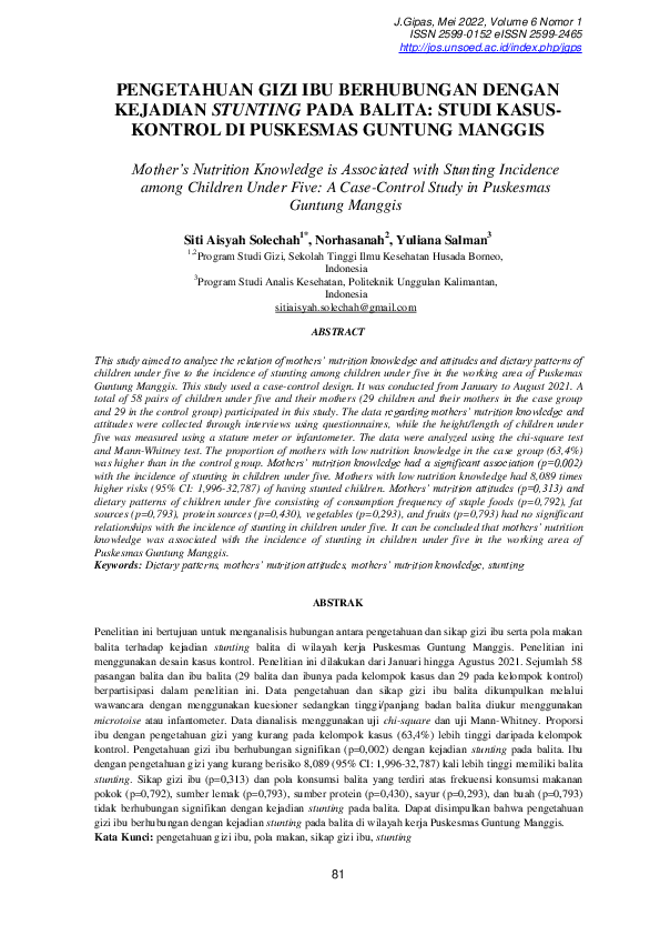 (PDF) Hubungan Pengetahuan Dan Sikap Gizi Ibu Serta Pola Makan Balita Dengan Kejadian Stunting ...