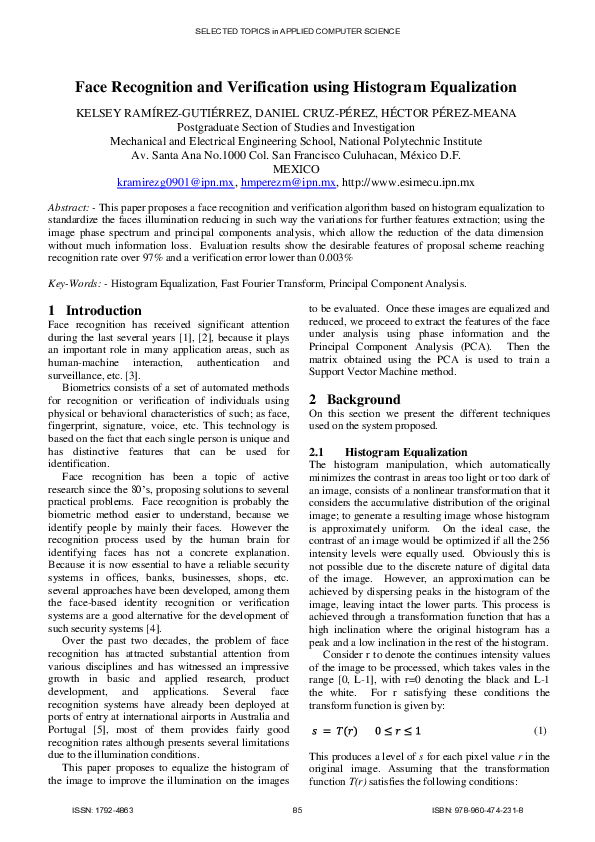 (PDF) Face recognition and verification using histogram equalization