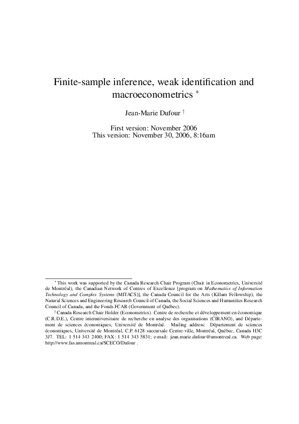 Pdf Finite Sample Inference Weak Identification And Macroeconometrics