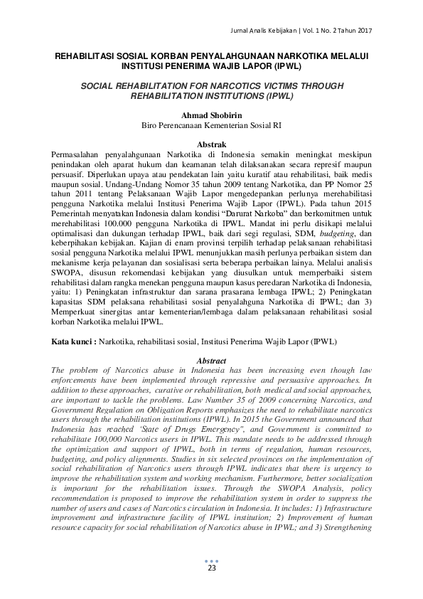 (PDF) Rehabilitasi Sosial Korban Penyalahgunaan Narkotika Melalui Institusi Penerima Wajib Lapor ...