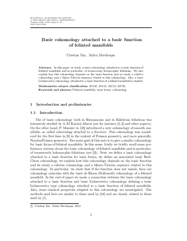 (PDF) Basic cohomology attached to a basic function of foliated manifolds