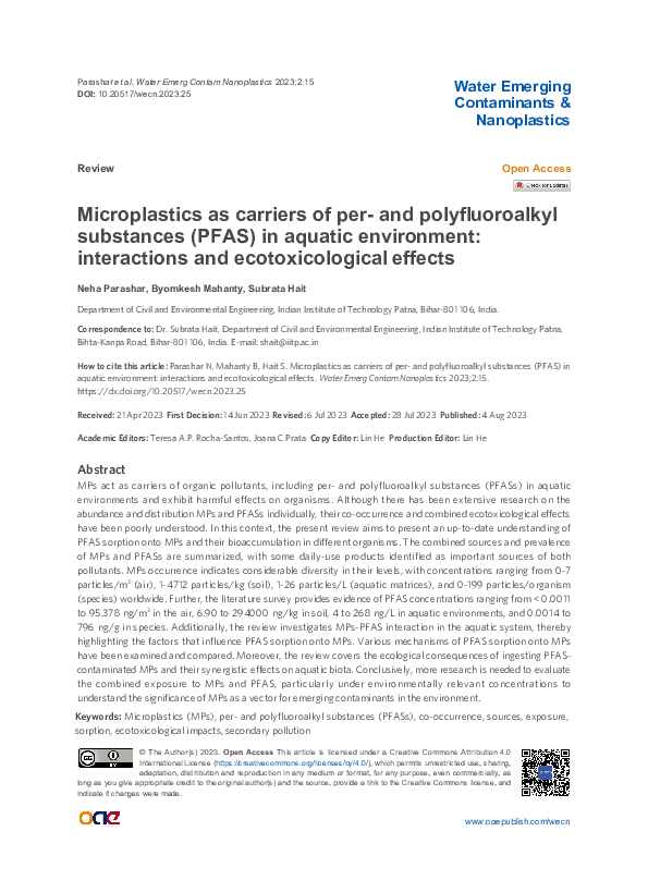 (PDF) Microplastics as carriers of per-and polyfluoroalkyl substances (PFAS) in aquatic ...
