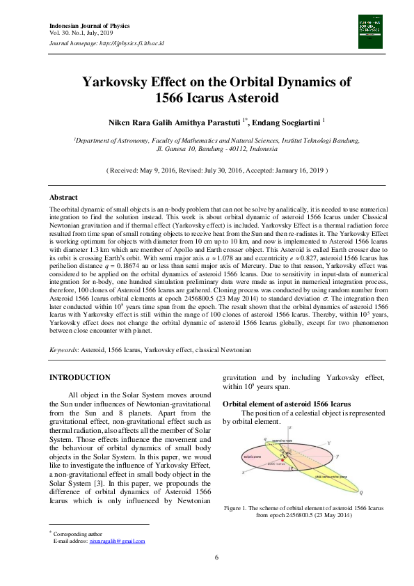 (PDF) Yarkovsky Effect on the Orbital Dynamics of 1566 Icarus Asteroid | Endang Soegiartini ...