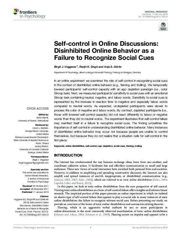 (PDF) Self-control in Online Discussions: Disinhibited Online Behavior ...
