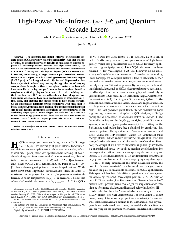 (PDF) High-Power Mid-Infrared (λ∼3-6 μm) Quantum Cascade Lasers