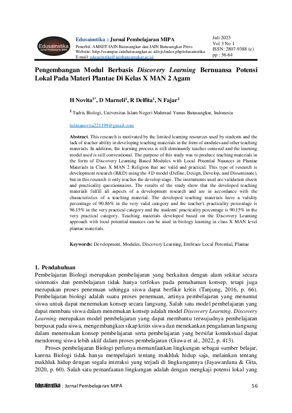 (PDF) Pengembangan Modul Berbasis Discovery Learning Bernuansa Potensi Lokal Pada Materi Plantae ...