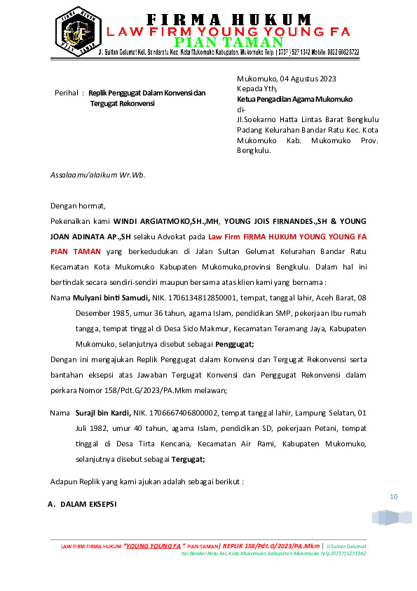 (DOC) Perihal : Replik Penggugat Dalam Konvensi dan Tergugat Rekonvensi