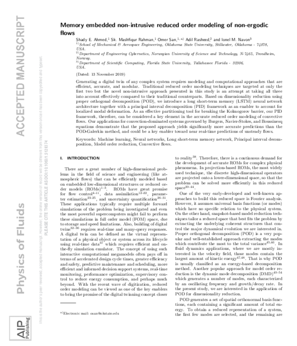 Pdf Memory Embedded Non Intrusive Reduced Order Modeling Of Non Ergodic Flows Mashfiqur