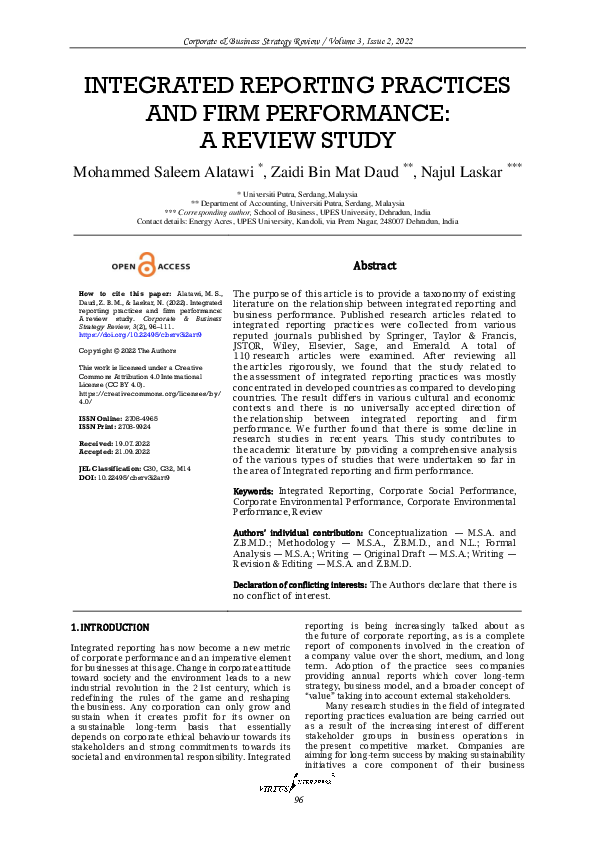 (PDF) Integrated reporting practices and firm performance: A review study