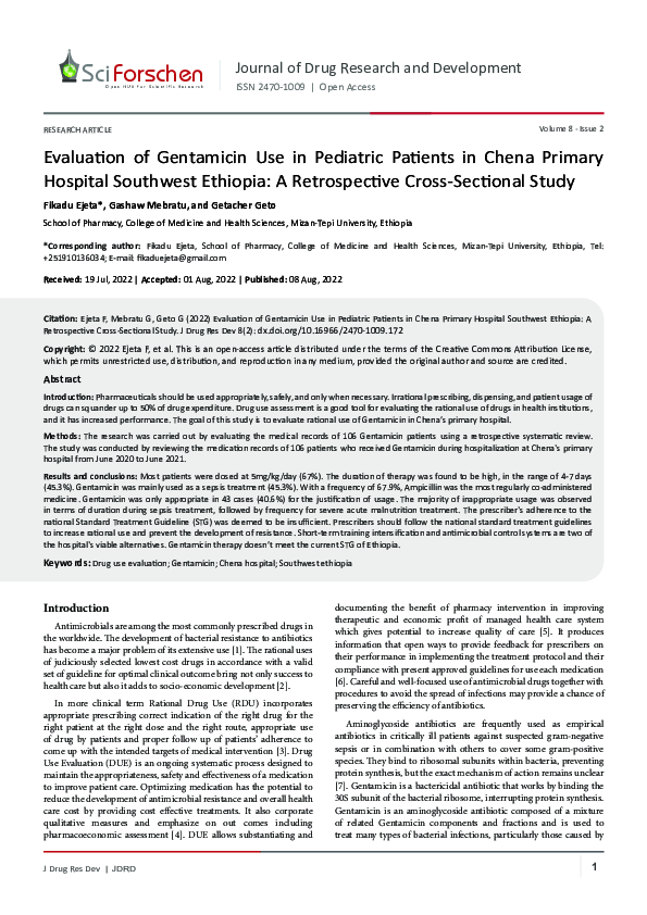 (PDF) Evaluation of Gentamicin Use in Pediatric Patients in Chena ...