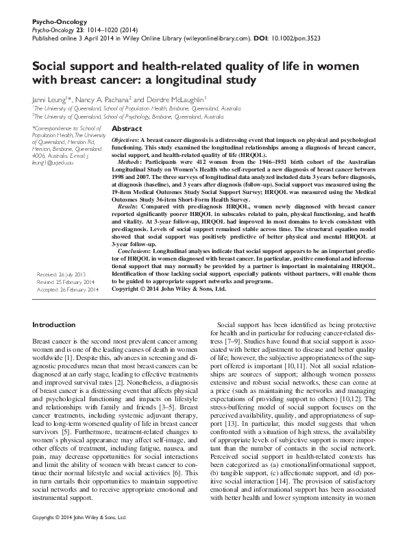 (PDF) Social support and health-related quality of life in Nigerian cancer patients: Role of ...