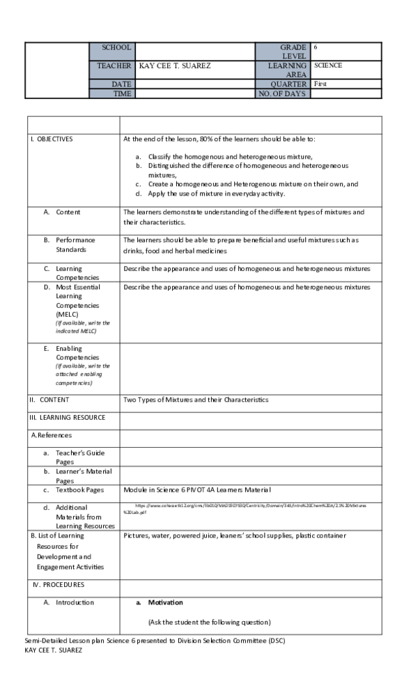 (DOC) Grade 6 Science Semi detailed lesson plan