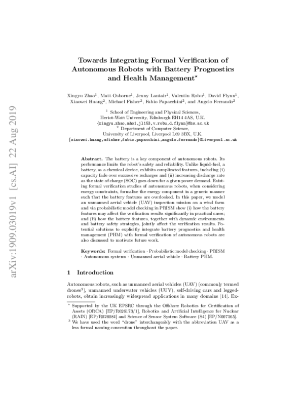 (PDF) Towards Integrating Formal Verification of Autonomous Robots with Battery Prognostics and ...