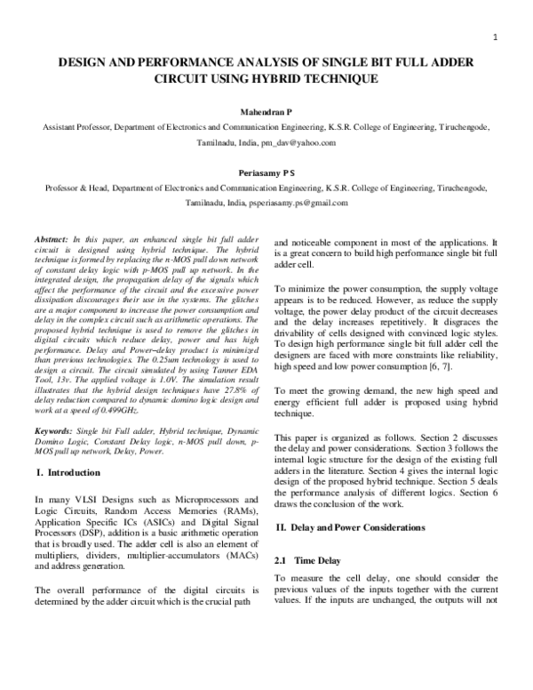 Pdf Design And Performance Analysis Of Single Bit Full Adder Circuit Using Hybrid Technique