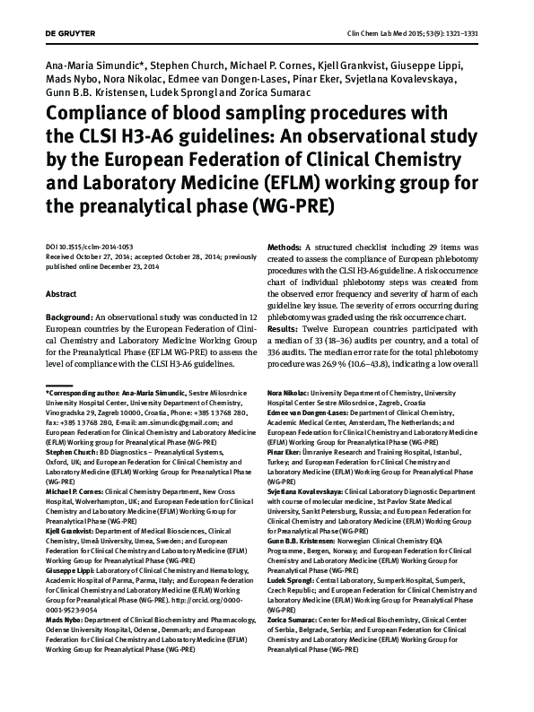 (PDF) Compliance of blood sampling procedures with the CLSI H3-A6 ...