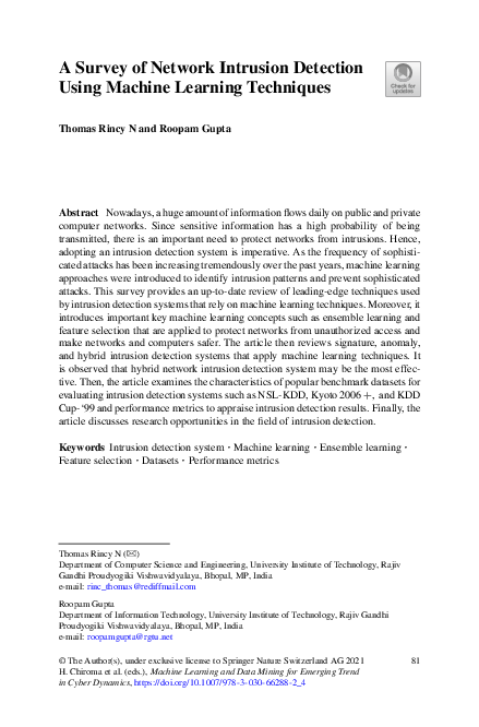 Pdf A Survey Of Network Intrusion Detection Using Machine Learning