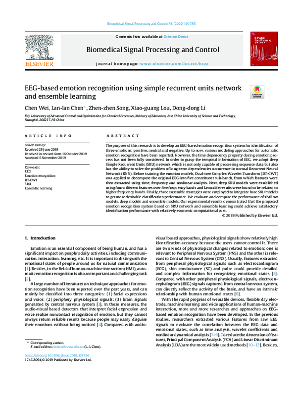 Pdf Eeg Based Emotion Recognition Using Simple Recurrent Units Network And Ensemble Learning