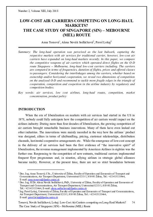 (PDF) Low-Cost Air Carriers Competing on Long-Haul Markets? The Case Study of Singapore (Sin ...