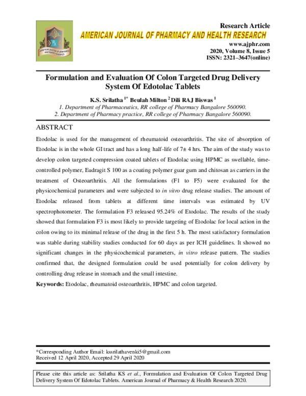 Pdf Formulation And Evaluation Of Colon Targeted Drug Delivery System Of Edotolac Tablets