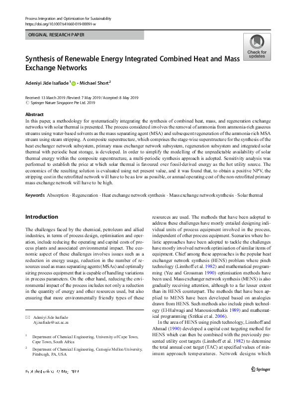 (PDF) Synthesis of Renewable Energy Integrated Combined Heat and Mass Exchange Networks