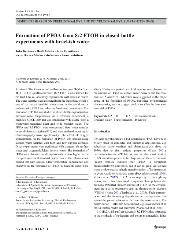 (PDF) Formation of PFOA from 8:2 FTOH in closed-bottle experiments with ...