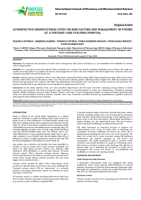 (PDF) A PROSPECTIVE OBSERVATIONAL STUDY ON RISK FACTORS AND MANAGEMENT ...