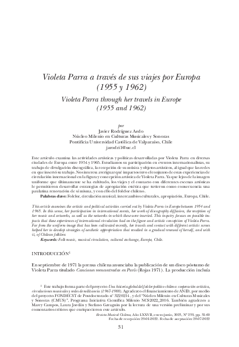 (PDF) Violeta Parra a través de sus viajes por Europa (1955 y 1962)