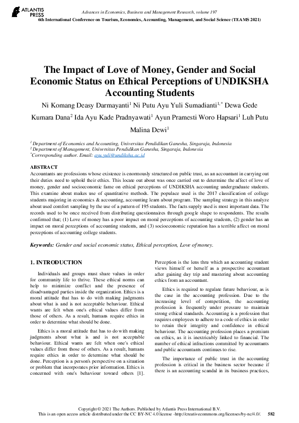 (PDF) The Impact of Love of Money, Gender and Social Economic Status on Ethical Perceptions of ...