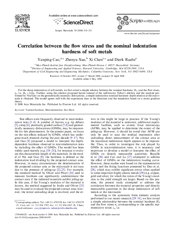 (PDF) Correlation between the flow stress and the nominal indentation hardness of soft metals ...