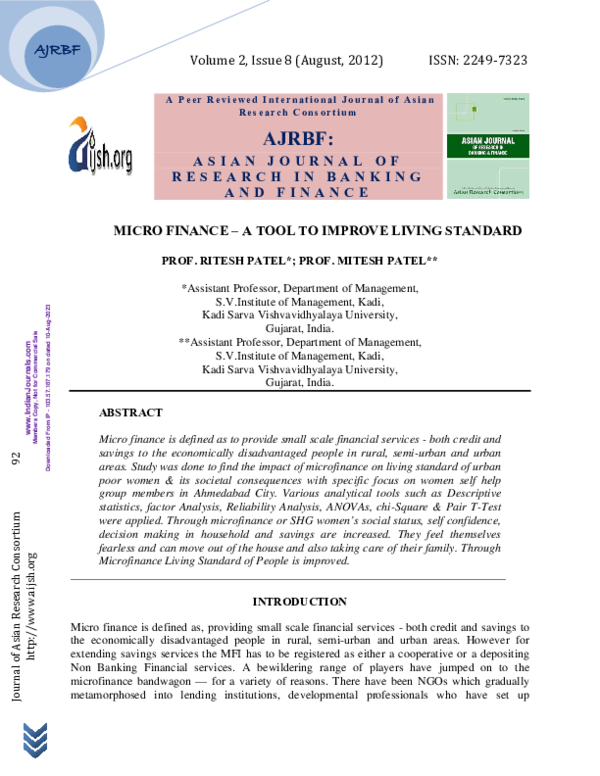 (PDF) MICRO FINANCE – A TOOL TO IMPROVE LIVING STANDARD