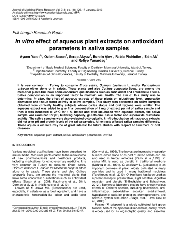 (PDF) In vitro effect of aqueous plant extracts on antioxidant parameters in saliva samples ...