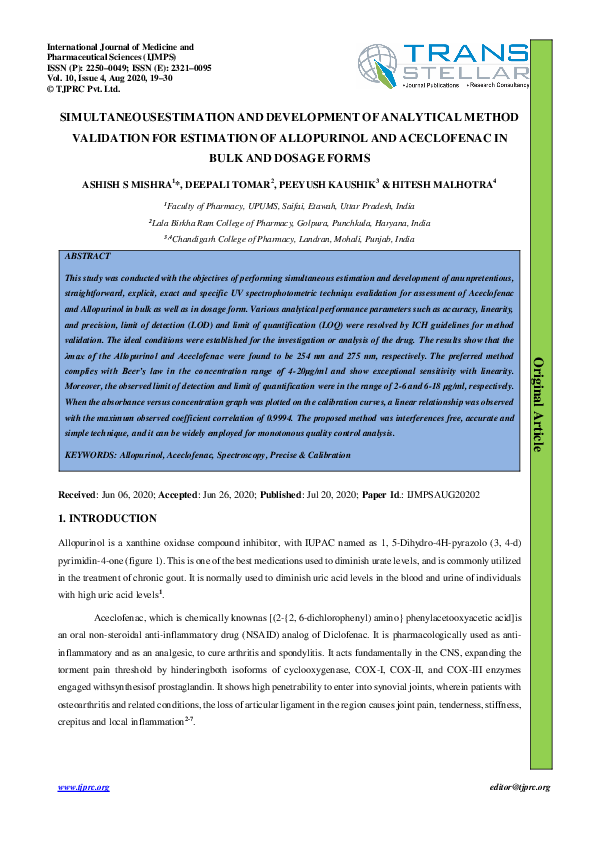 Pdf Simultaneous Estimation And Development Of Analytical Method Validation For Estimation Of